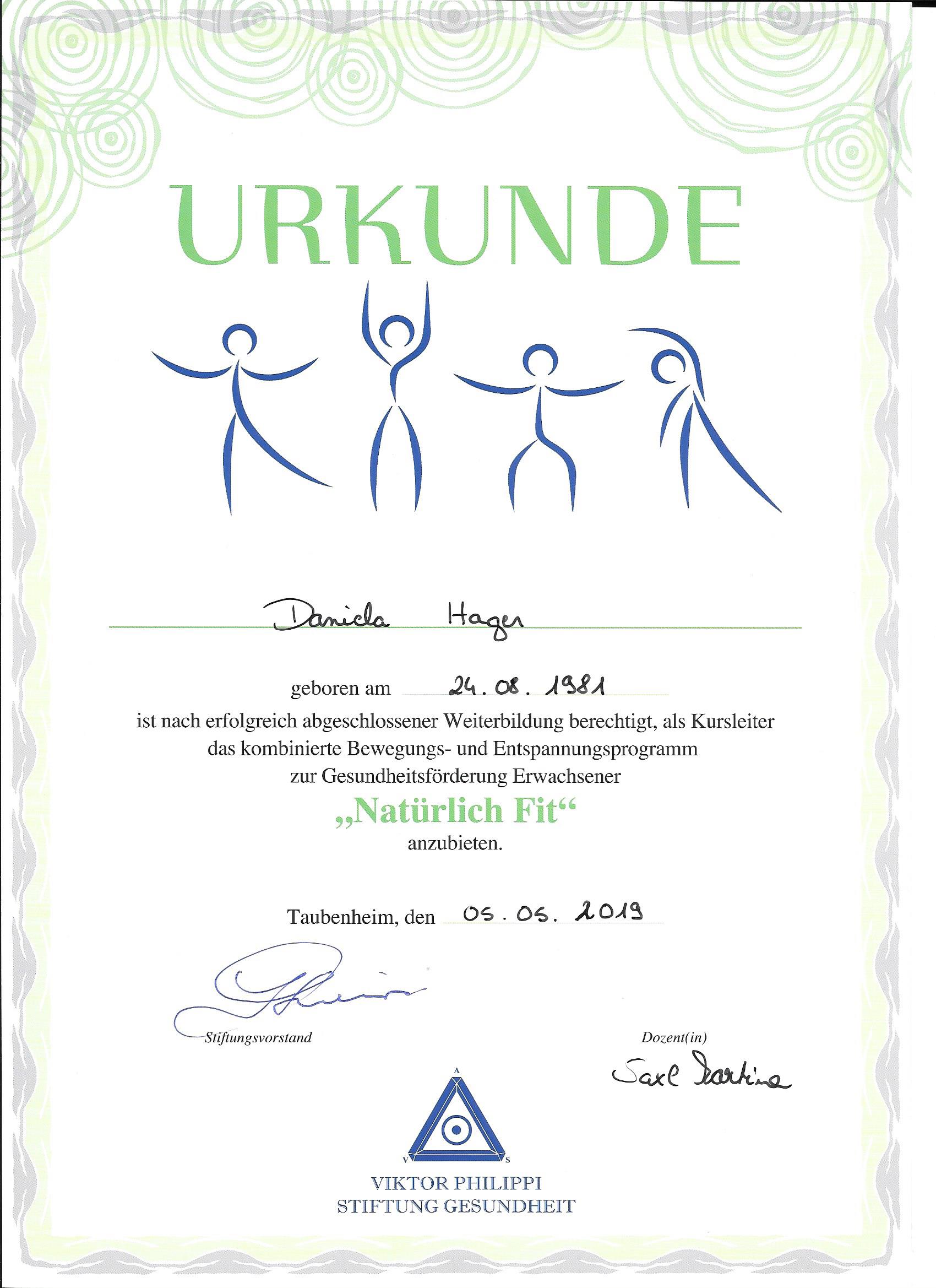 Urkunde Natürlich Fit - Daniela Hager